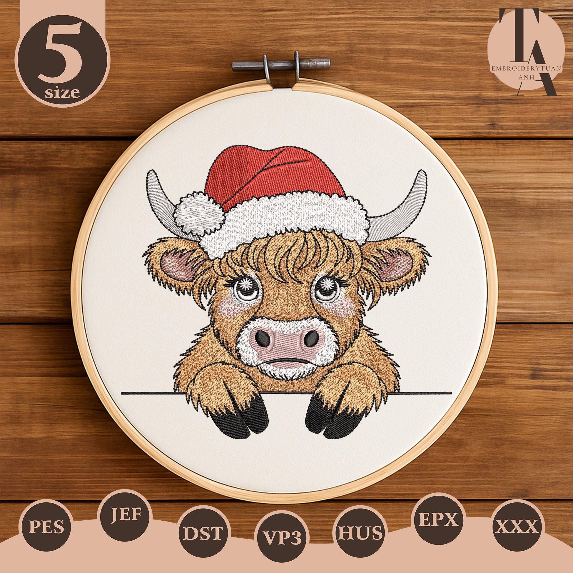 Christmas Highland Cow Embroidery File, Christmas Cow and Santa Hat ...