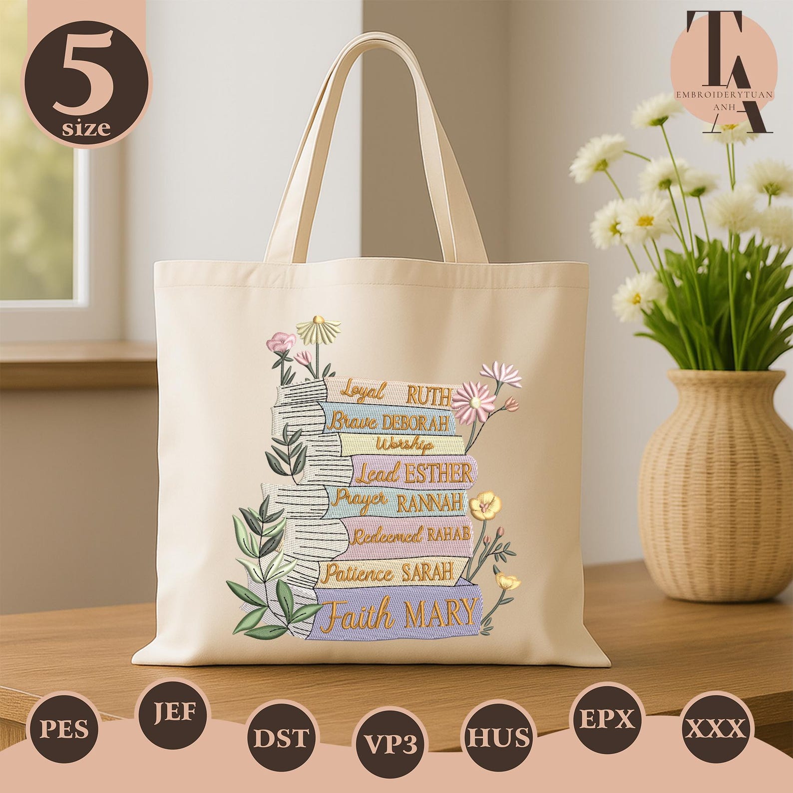 Women of the Bible Embroidery Design, Christian Faith Stack of Books ...