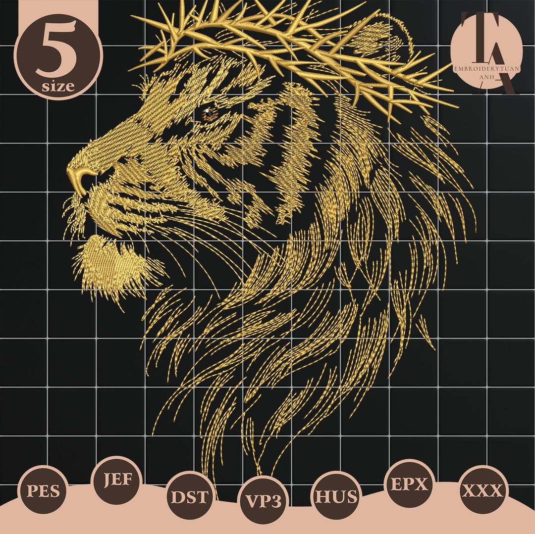Lion of Judah Profile Embroidery Design, Crown of Thorns Golden Lion ...