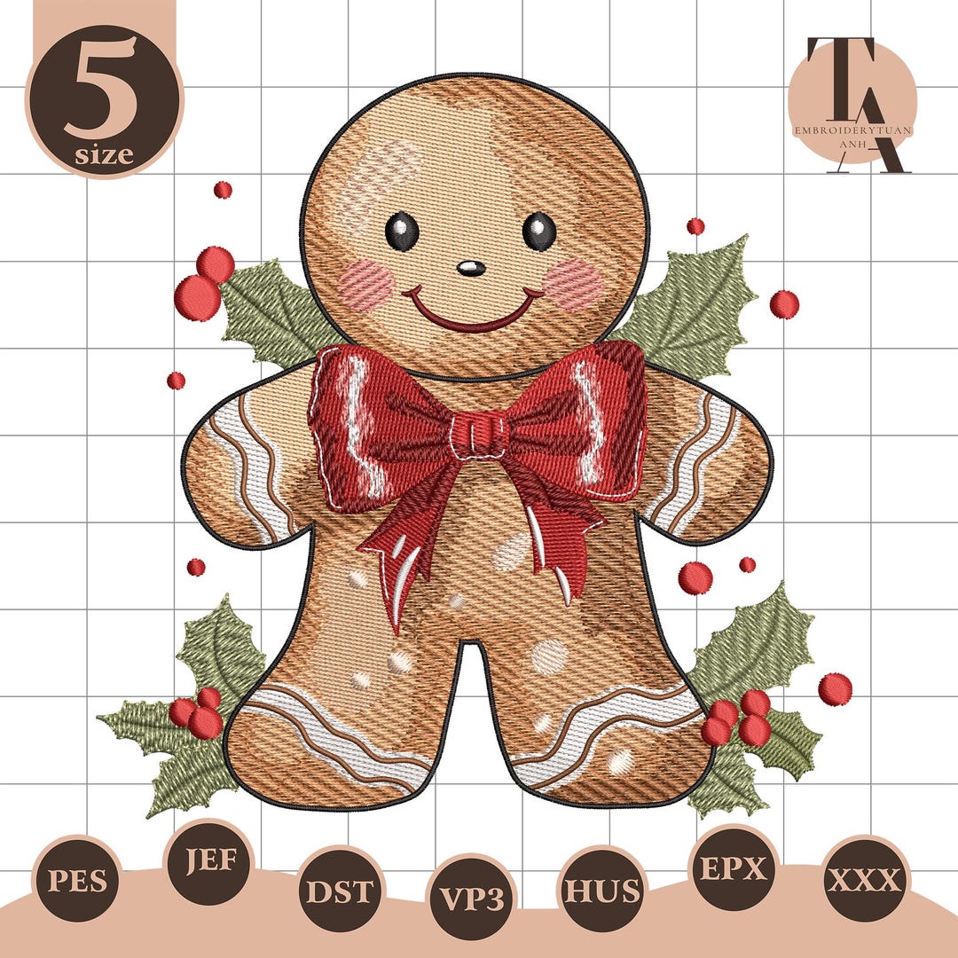Christmas Gingerbread Red Bow Embroidery Design, Christmas Baking Embroidery File, Christmas ...