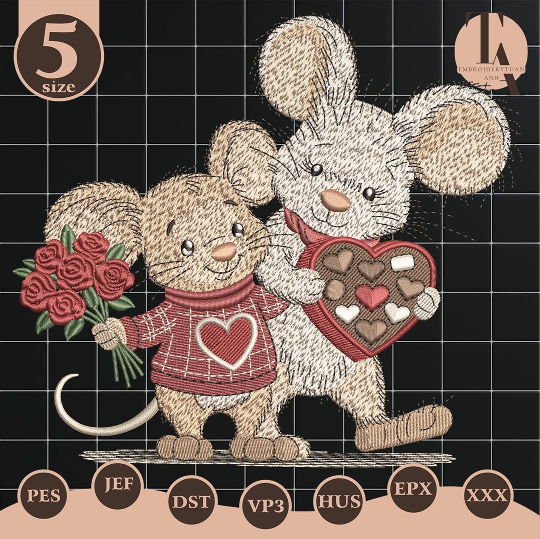 Valentine Mouse Embroidery File, Cute Mouse Embroidery Design, Letter ...