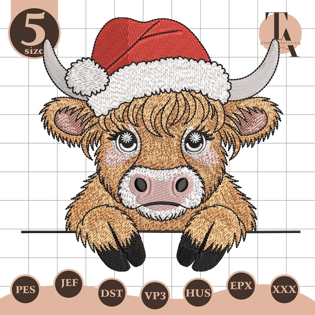 Christmas Highland Cow Embroidery File, Christmas Cow and Santa Hat ...