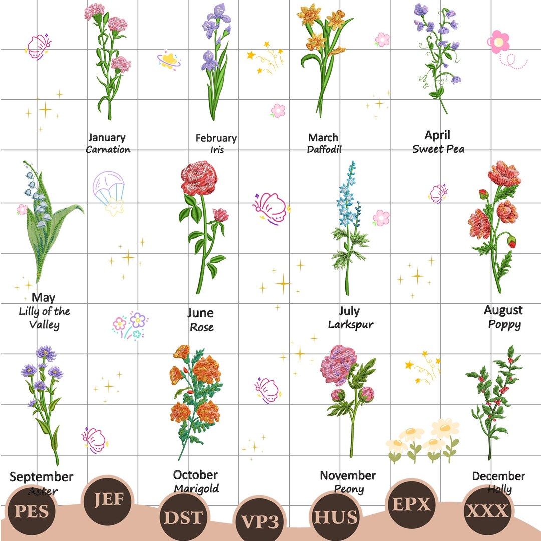 Birth Month Flowers Calendar Collection From January to December ...