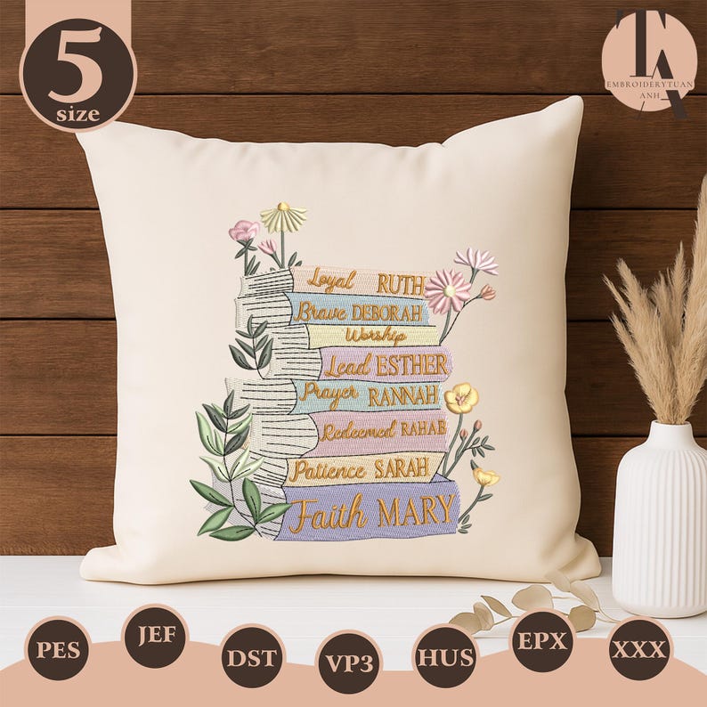 Women of the Bible Embroidery Design, Christian Faith Stack of Books ...