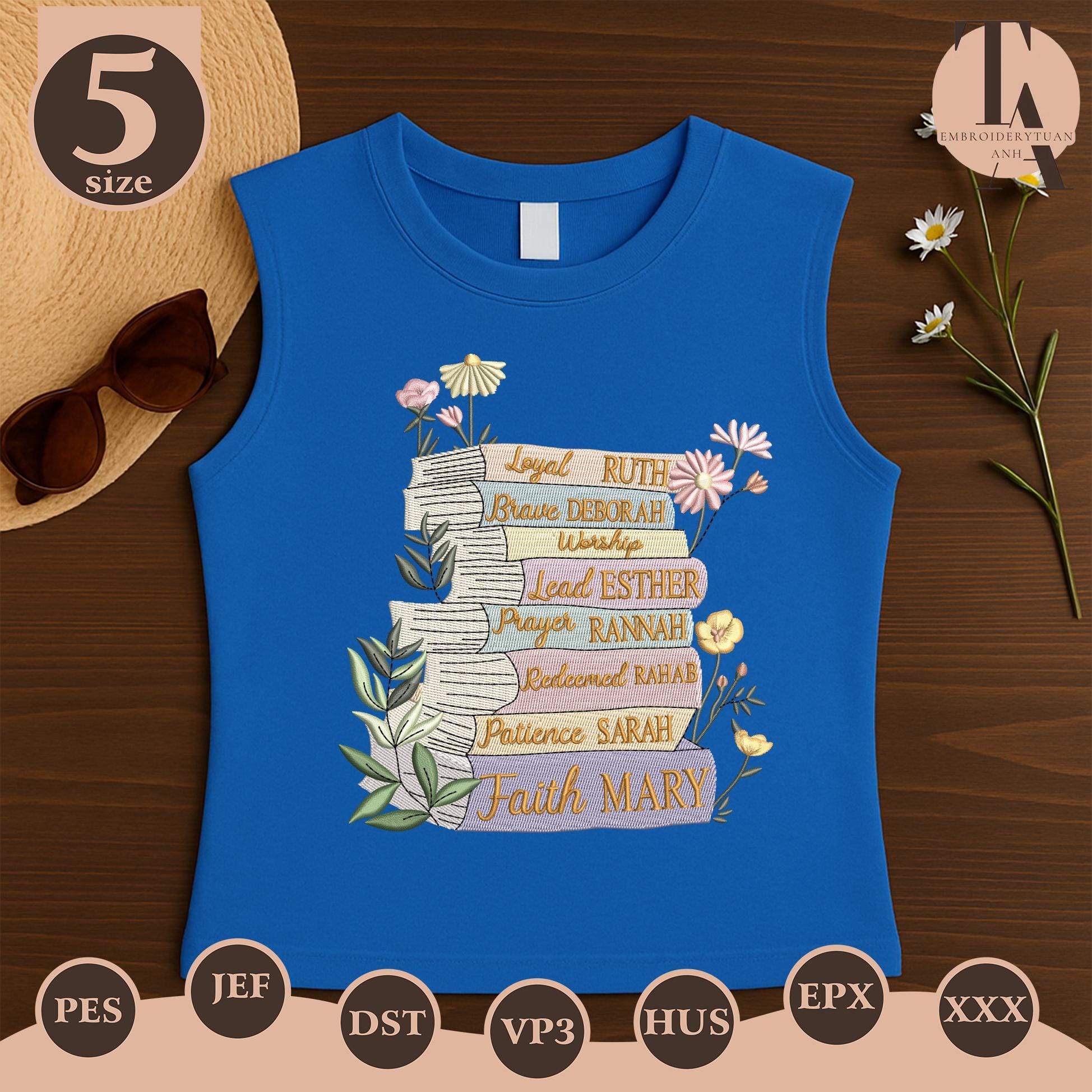 Women of the Bible Embroidery Design, Christian Faith Stack of Books ...