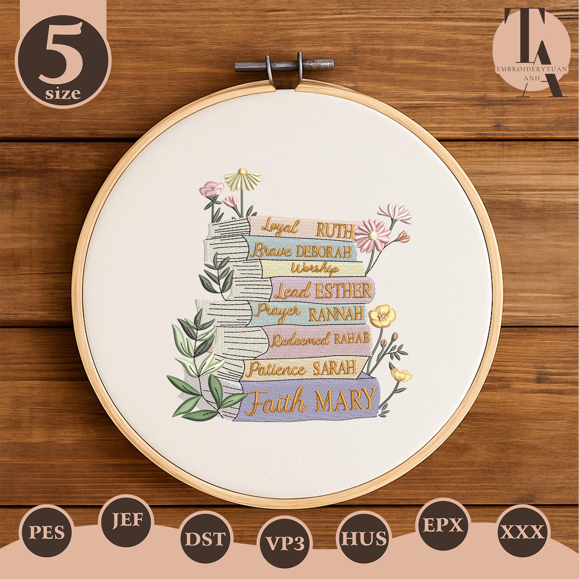 Women of the Bible Embroidery Design, Christian Faith Stack of Books ...