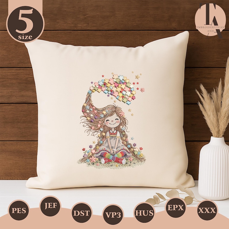 Cute Girl Embroidery File, Rainbow Flower Hair Embroidery Design ...
