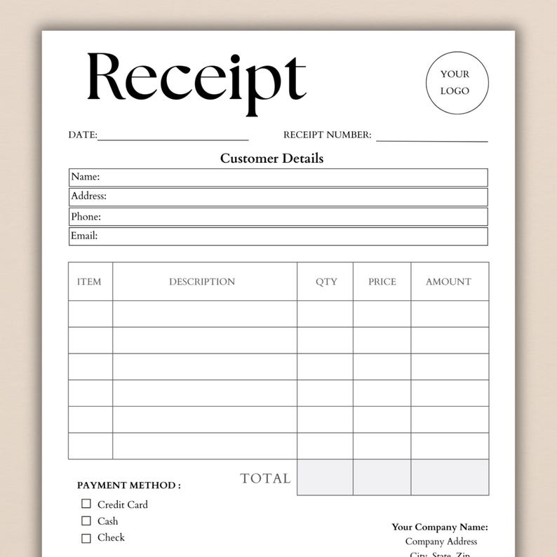 Editable Receipt Template, Small Business Digital Receipt, Printable ...
