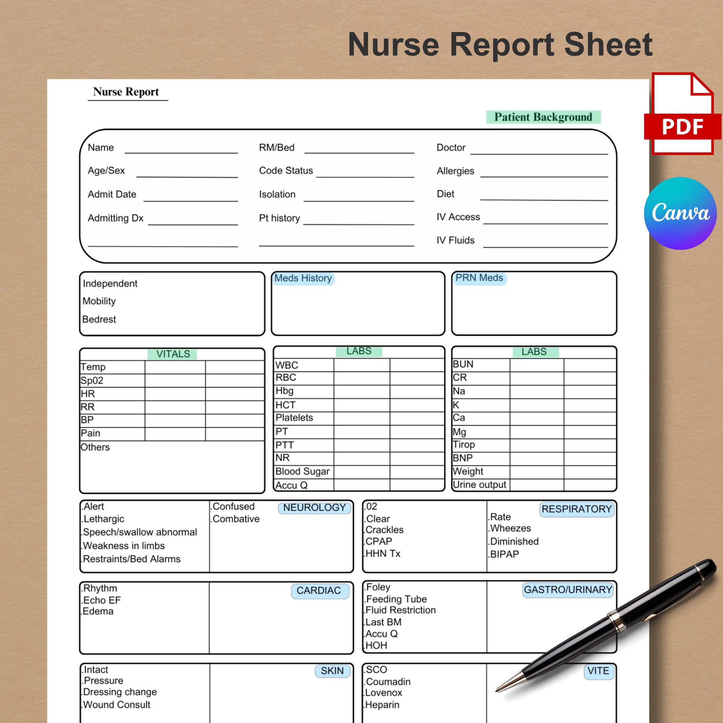 Nurse Report Sheet | Nurse Brain Sheet, Nurse Report Template, Nurses ...