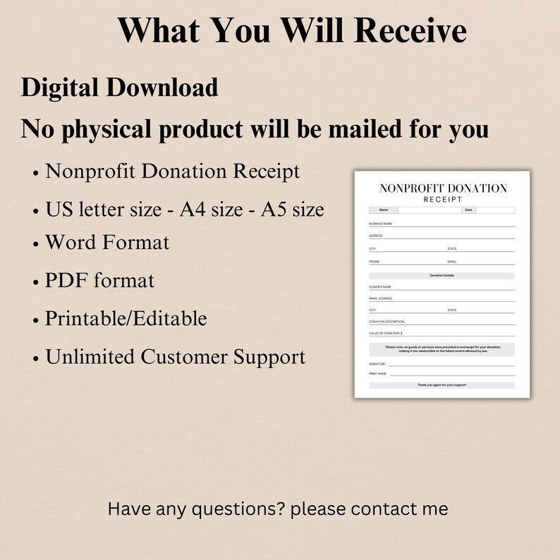 Printable Nonprofit Donation Receipt, Charity Donation Gift Receipt, Digital Download Template ...