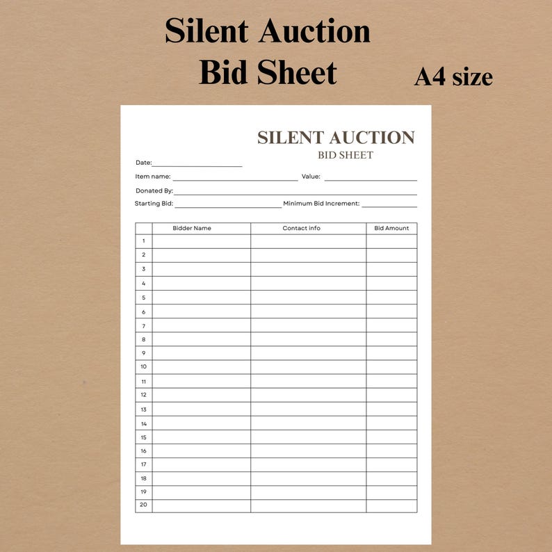 Silent Auction Bid Sheet, Silent Auction Sign up Sheet, Silent Auction ...