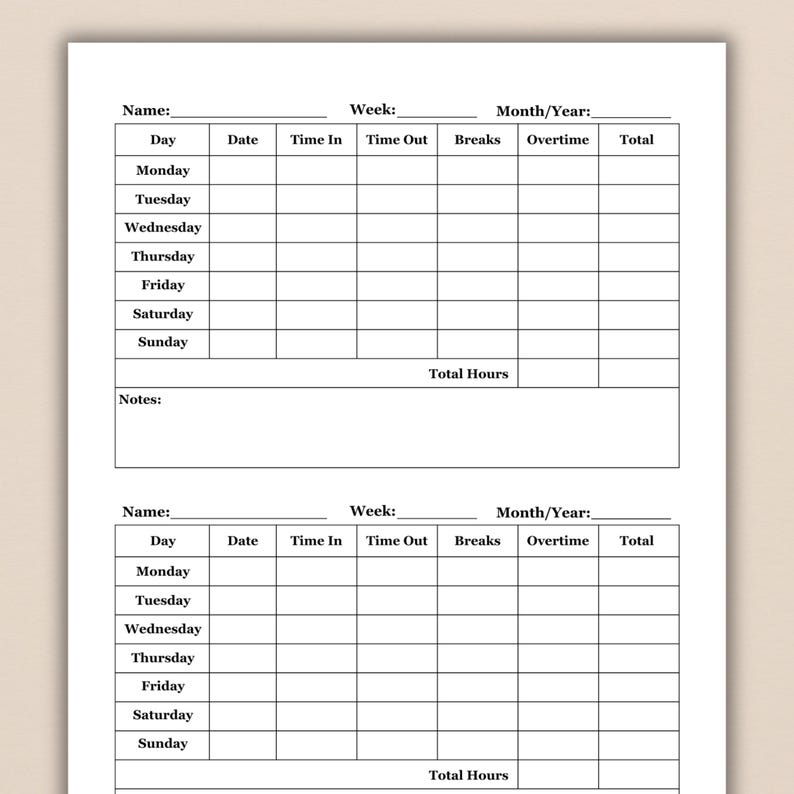 Printable Time Sheet Log, Employee Time Sheet, Weekly Timesheet Log ...