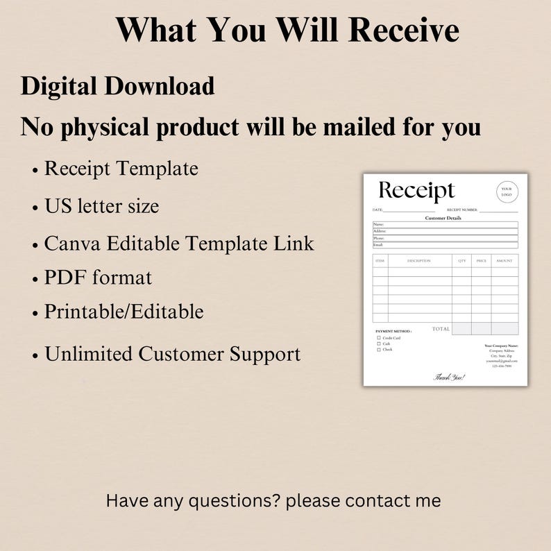 Editable Receipt Template, Small Business Digital Receipt, Printable ...