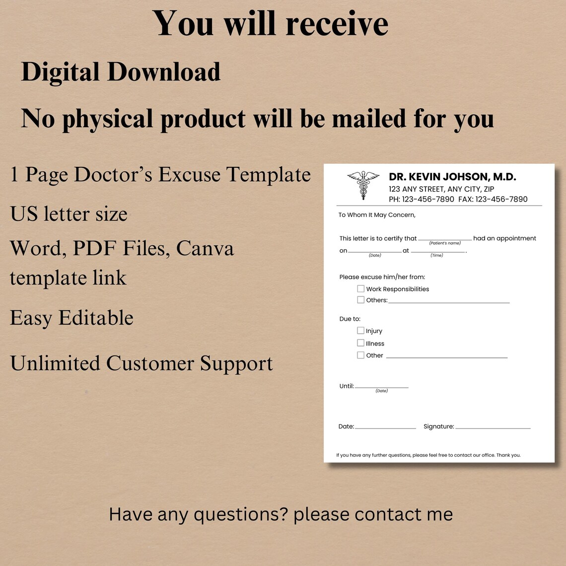 Doctor Excuse Template, Editable Excuse Letter, Doctor Excuse for Work ...