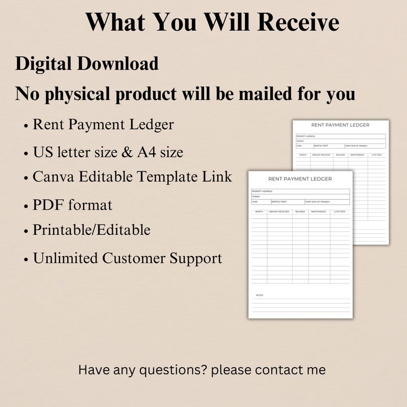 Editable Rent Payment Ledger, Printable Rental Payment Tracker, Monthly ...