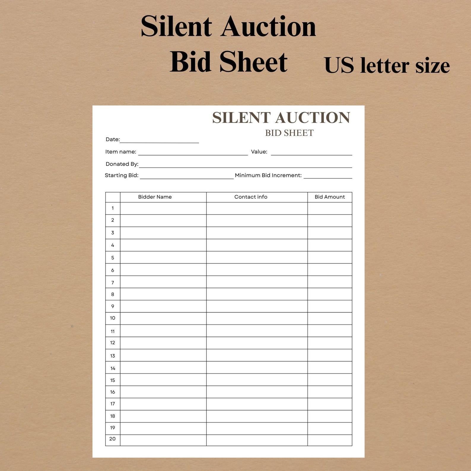 Silent Auction Bid Sheet, Silent Auction Sign up Sheet, Silent Auction ...