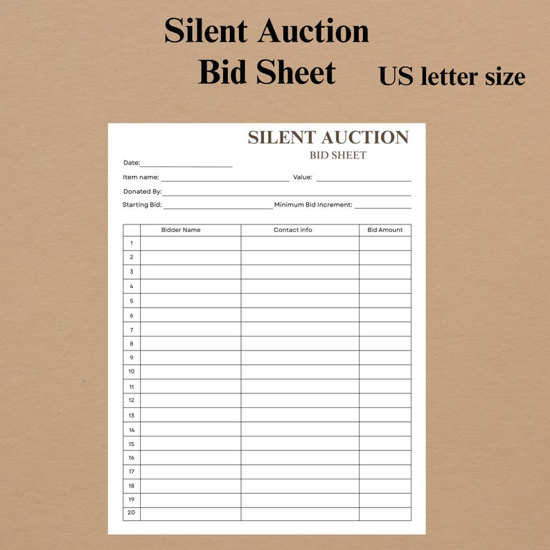Silent Auction Bid Sheet, Silent Auction Sign up Sheet, Silent Auction ...
