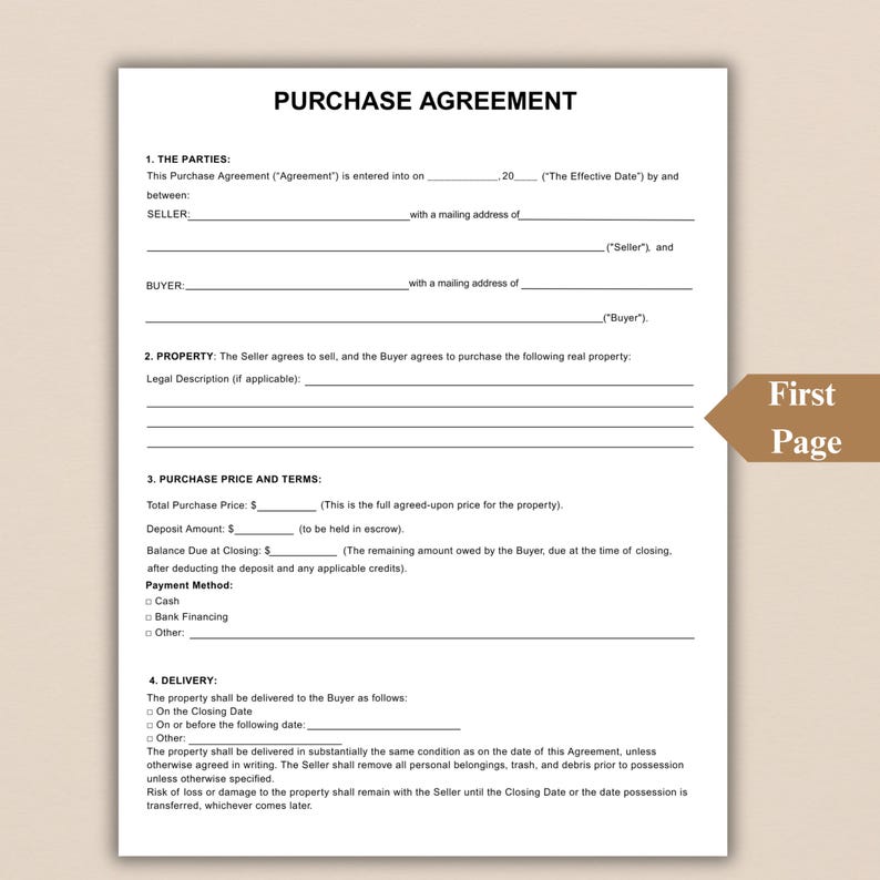 Printable Purchase Agreement Template, Purchase and Sale Contract ...