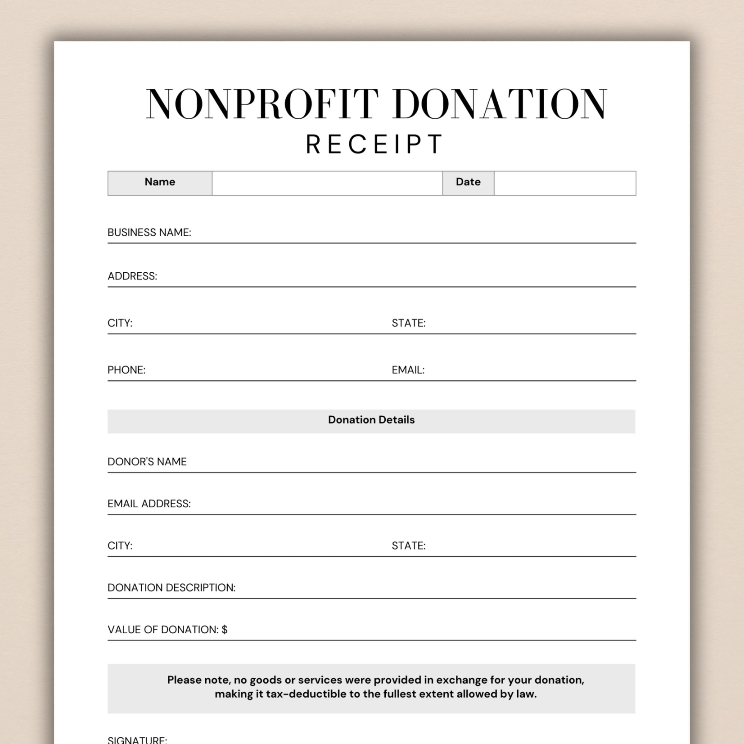 Printable Nonprofit Donation Receipt, Charity Donation Gift Receipt ...