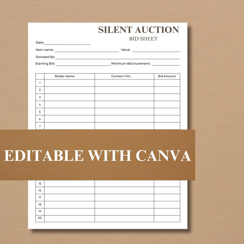 Silent Auction Bid Sheet, Silent Auction Sign up Sheet, Silent Auction ...
