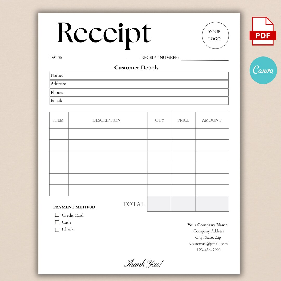 Editable Receipt Template, Small Business Digital Receipt, Printable ...