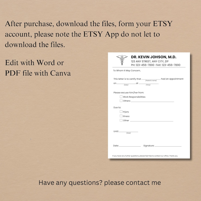Doctor Excuse Template, Editable Excuse Letter, Doctor Excuse for Work ...