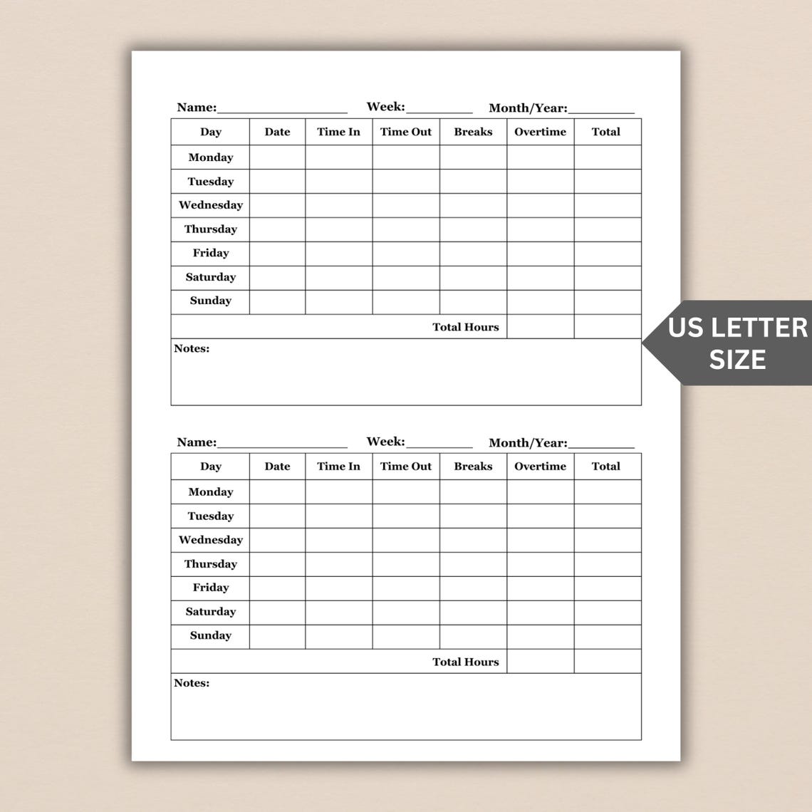 Printable Time Sheet Log, Employee Time Sheet, Weekly Timesheet Log ...