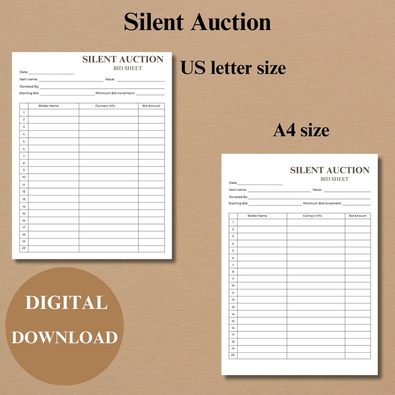 Silent Auction Bid Sheet, Silent Auction Sign up Sheet, Silent Auction ...