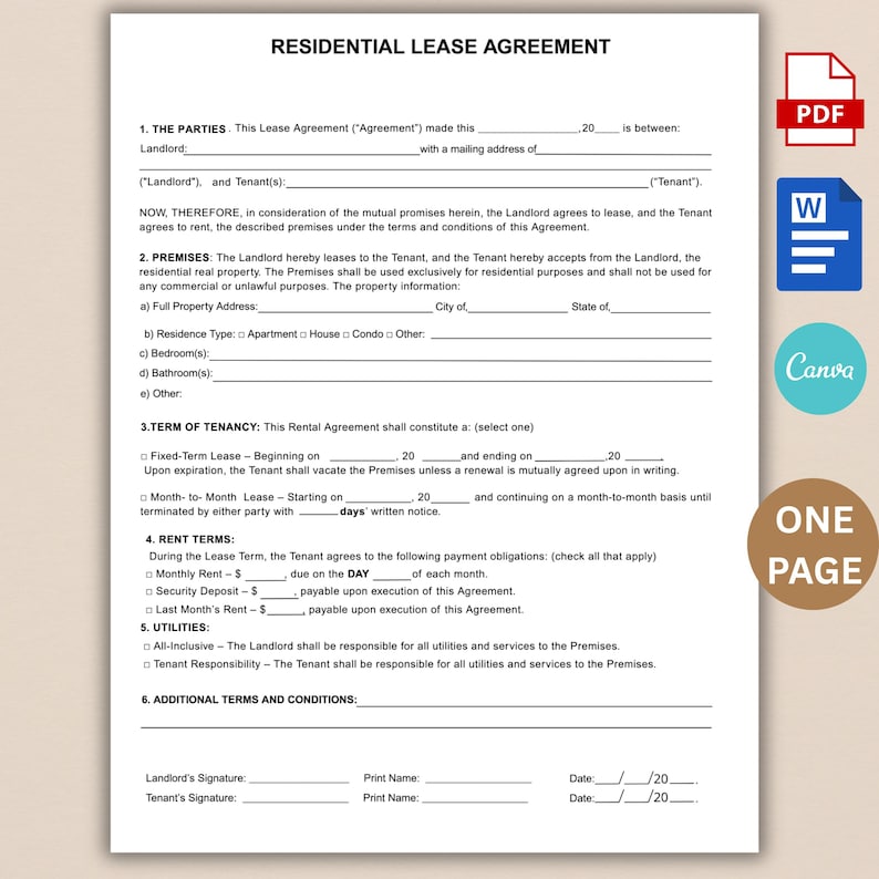 One-page Rental Agreement, Editable Lease Agreement Template, Printable ...