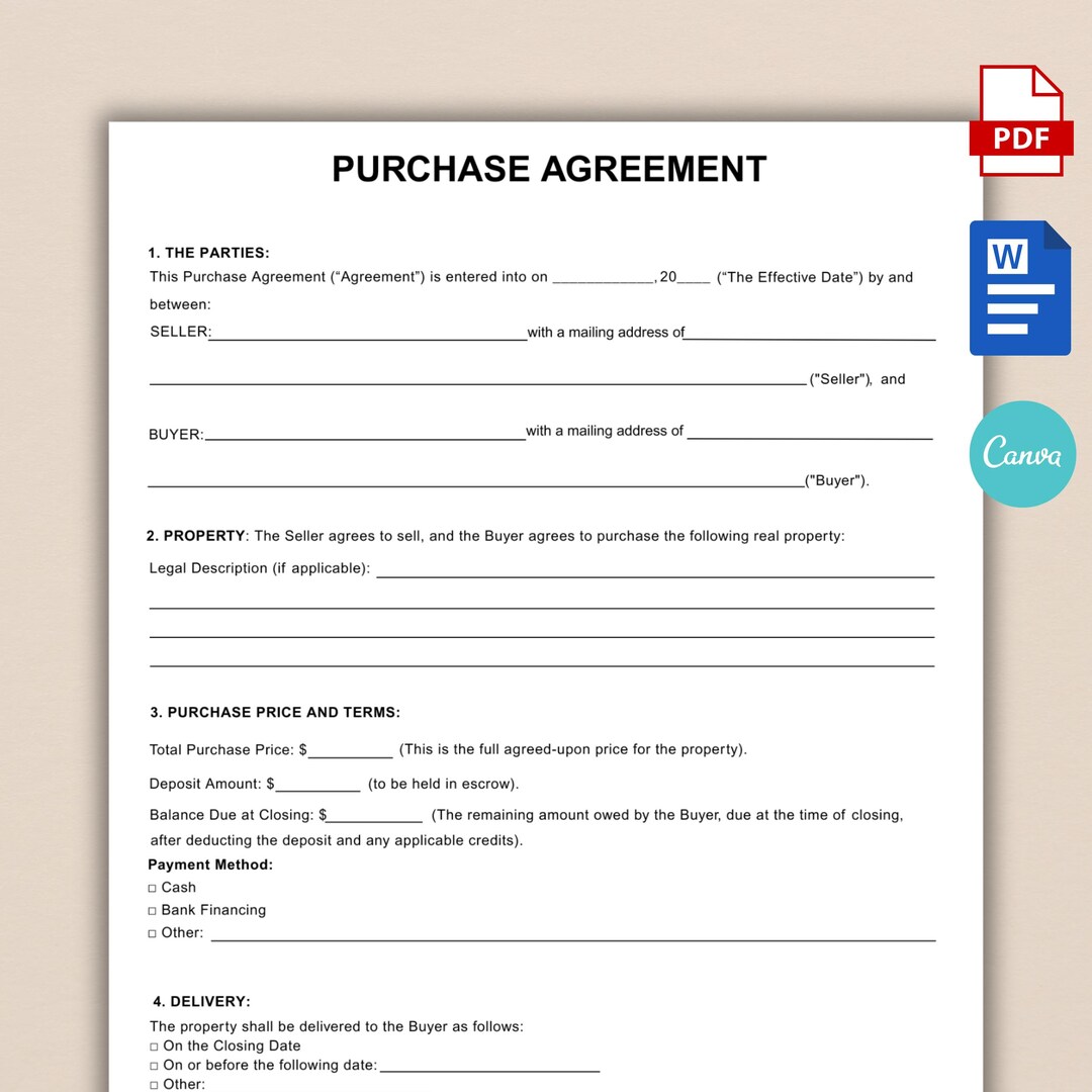Printable Purchase Agreement Template, Purchase and Sale Contract ...