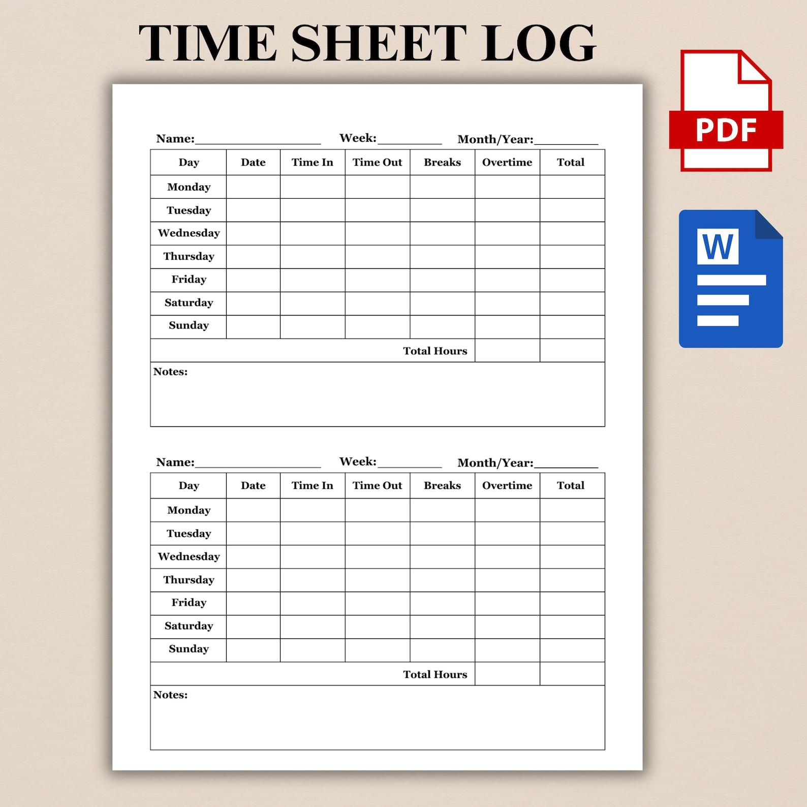 Printable Time Sheet Log, Employee Time Sheet, Weekly Timesheet Log ...
