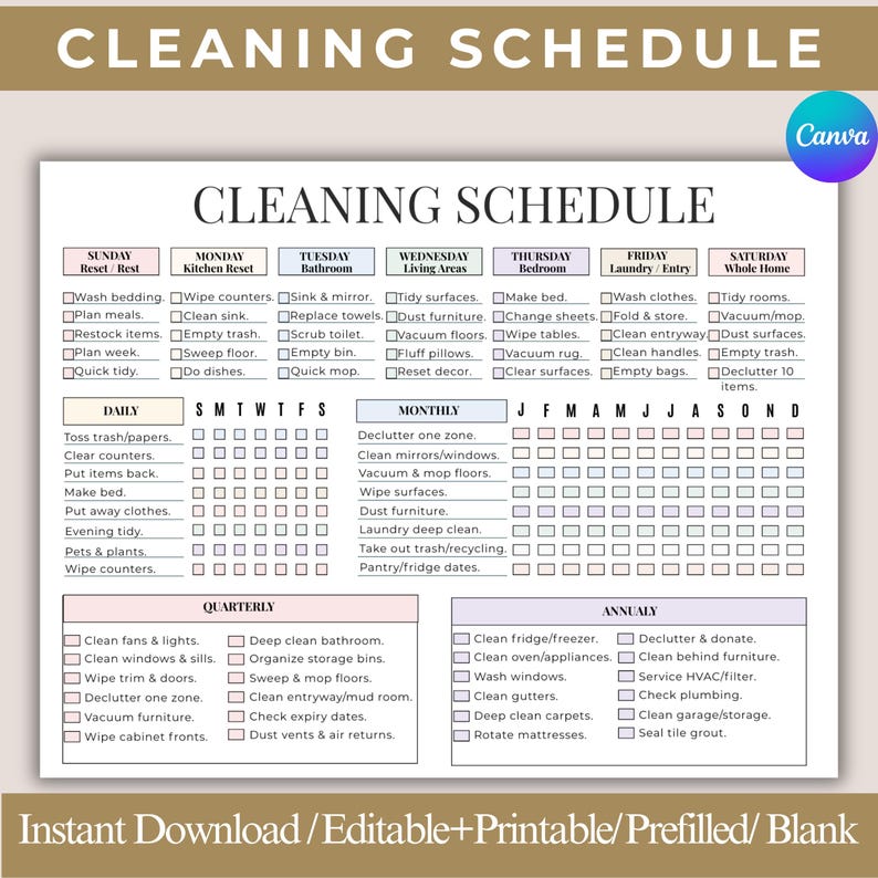 Editable Cleaning Schedule, Cleaning Checklist, Cleaning Planner ...