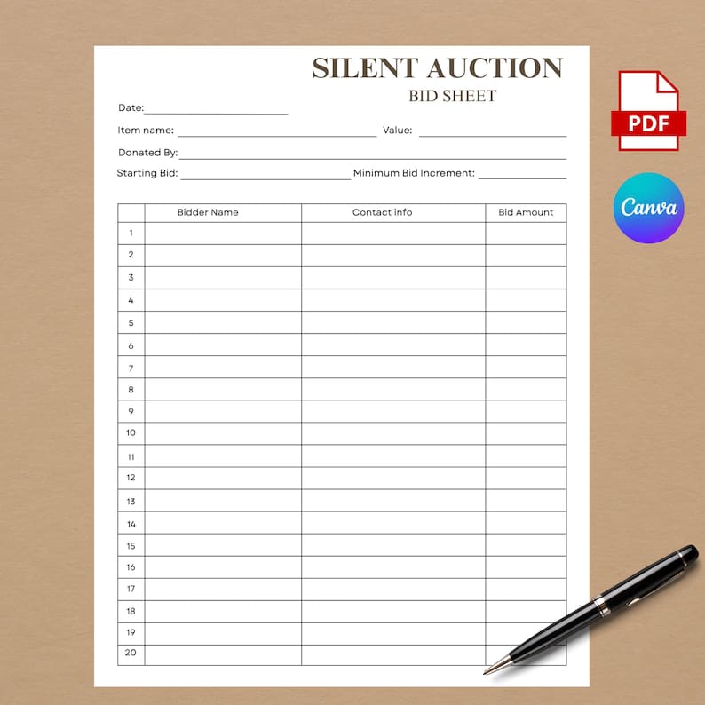 Silent Auction Bid Sheet, Silent Auction Sign up Sheet, Silent Auction ...