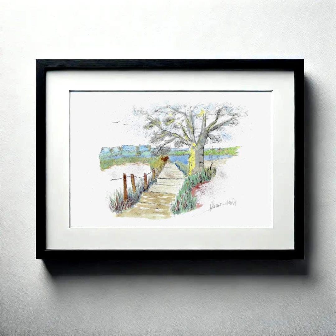 Landscape Sketch in Felt Pen and Watercolor. Beach Path and Nature ...