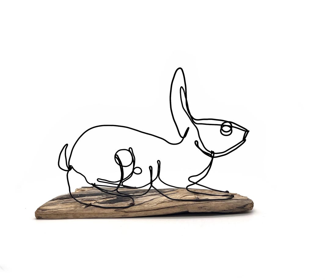 Wire Rabbit Sculpture, Continuous Line Art, Driftwood Base - Etsy
