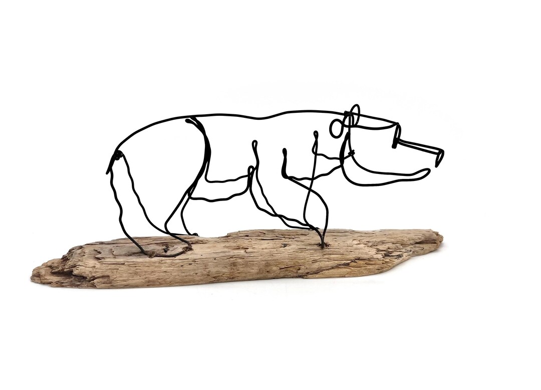 Steel Wire Bear Sculpture, Driftwood Base, Minimalist Art - Etsy