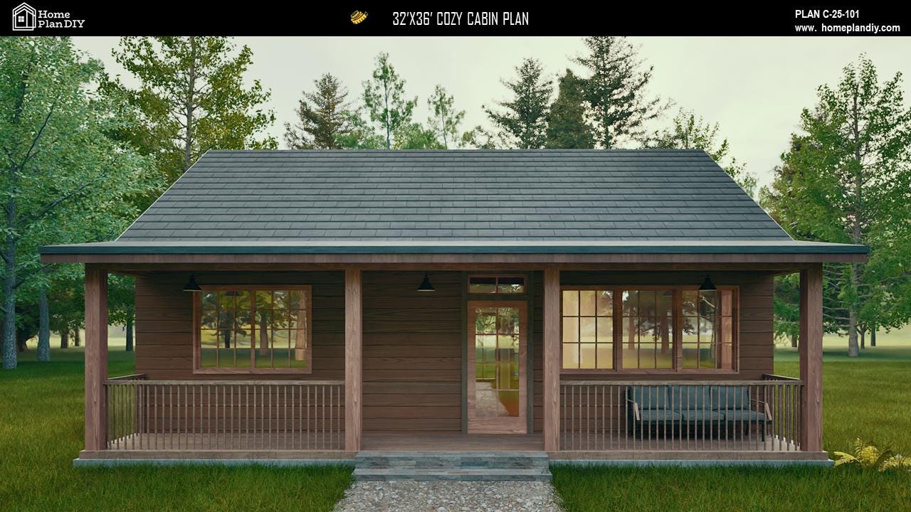 Cozy Cabin House Plans | 32x36 Tiny Cottage Blueprint (digital Download ...