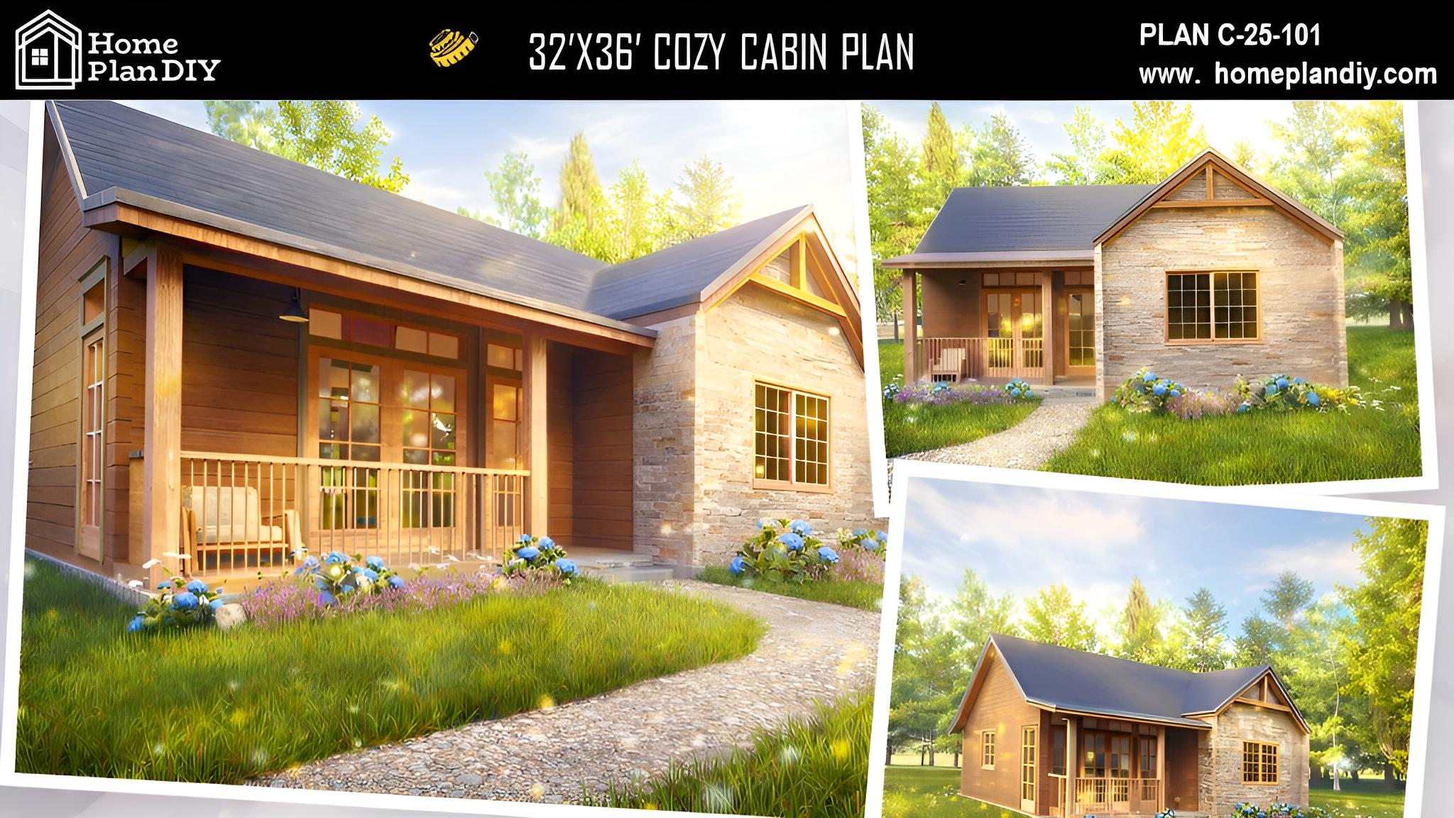 Cozy Cabin House Plans | 32x36 Tiny Cottage Blueprint (digital Download ...