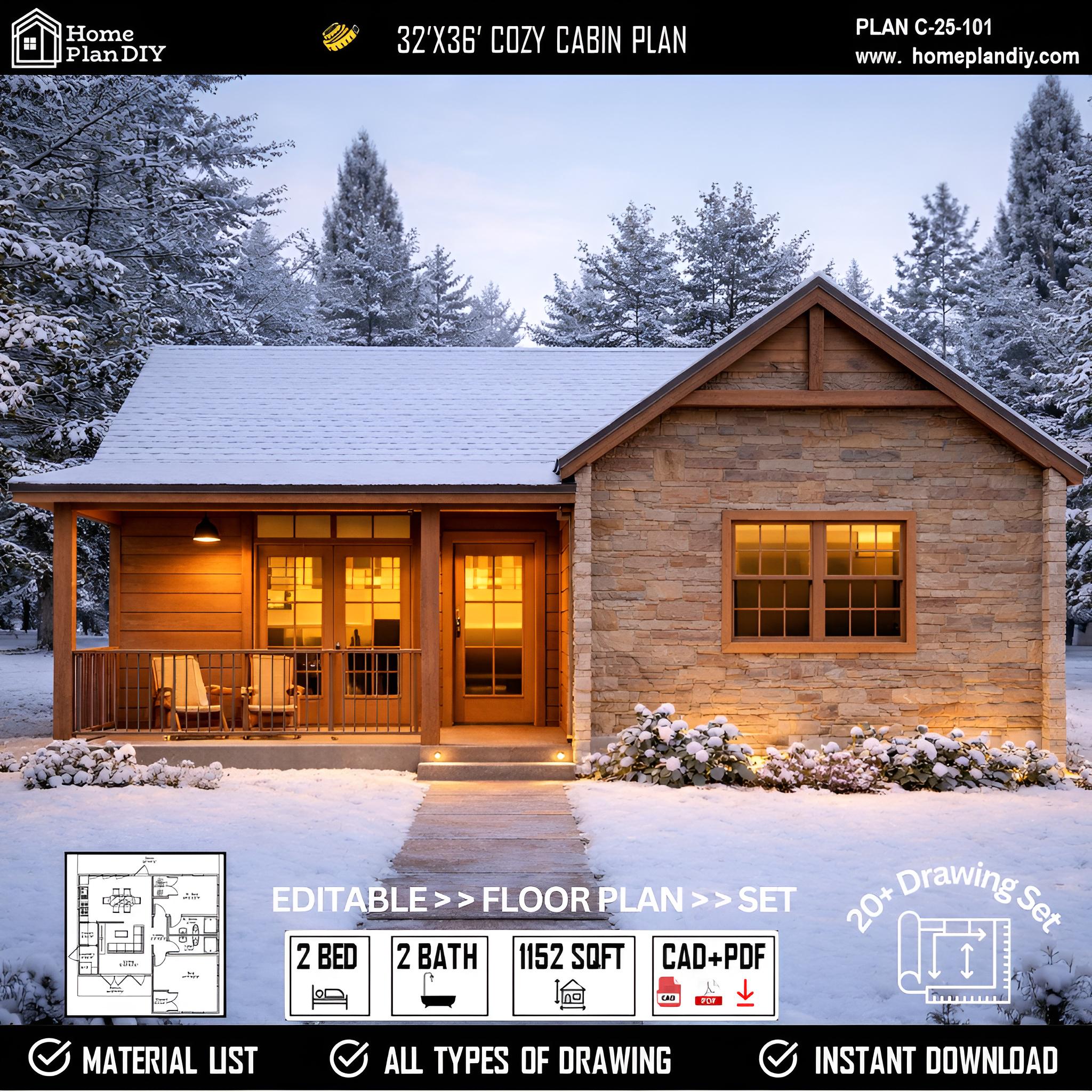 Cozy Cabin House Plans | 32x36 Tiny Cottage Blueprint (digital Download ...