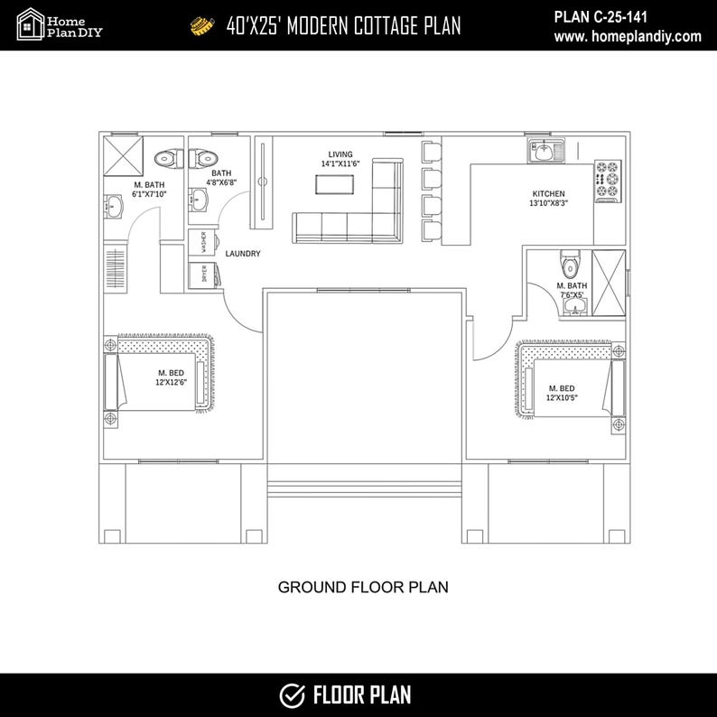 Modern Cabin House Plans, 40x25 Timber Frame Cottage (PDF & CAD File ...
