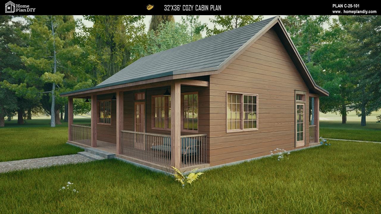 Cozy Cabin House Plans | 32x36 Tiny Cottage Blueprint (digital Download ...