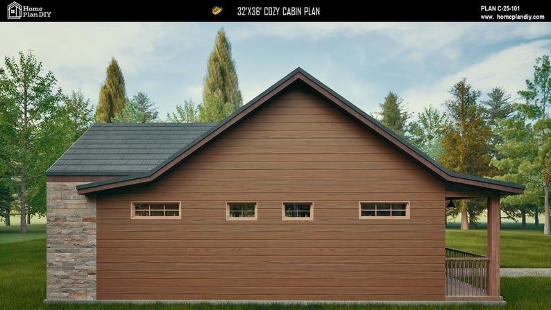 Cozy Cabin House Plans | 32x36 Tiny Cottage Blueprint (digital Download ...