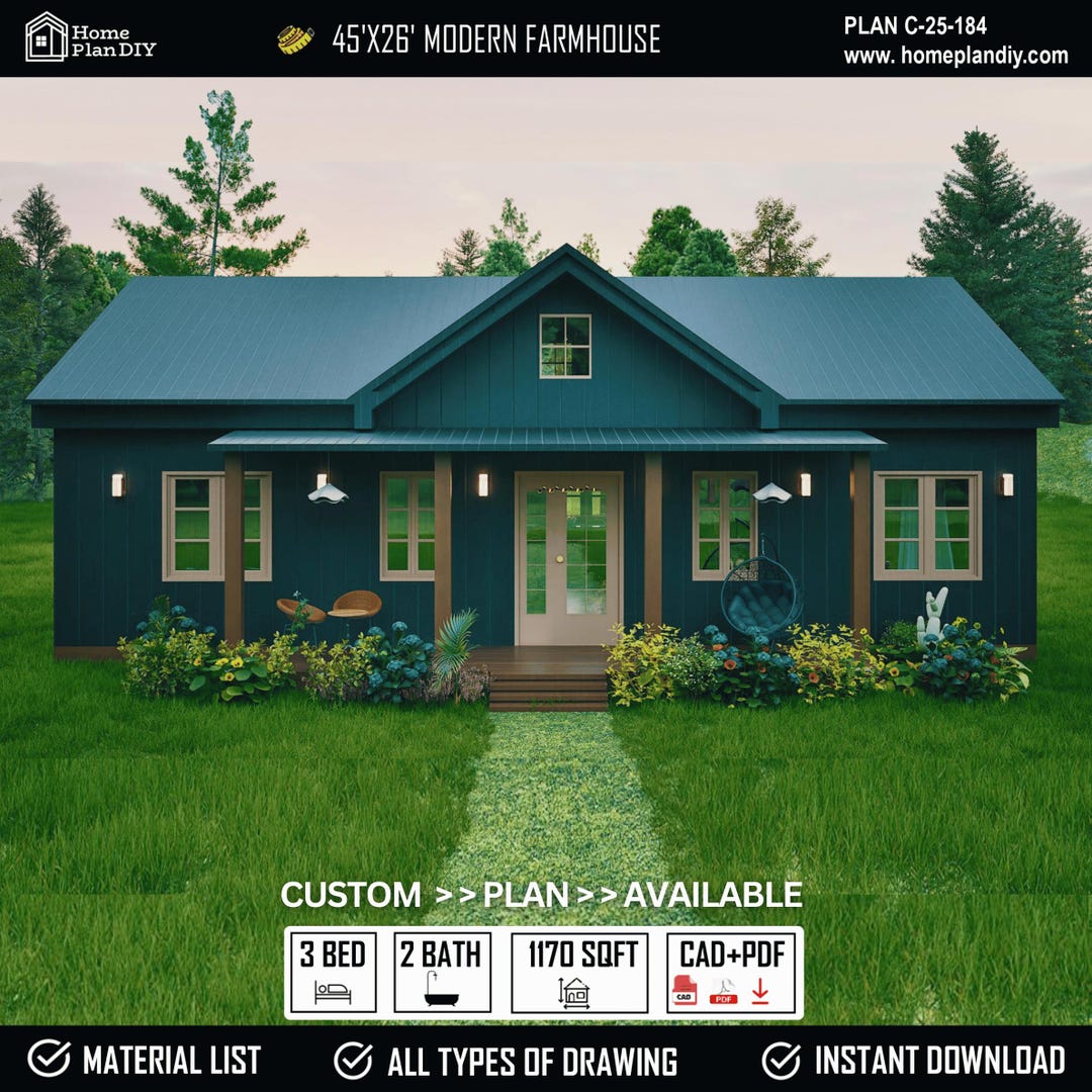 Modern Ranch Farmhouse Floor Plan: 3 Bed, 2 Bath (digital Download, CAD ...