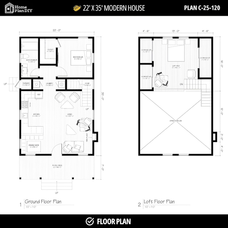 Small Cabin House Plans 22x35 With Loft, Custom Modern Cottage ( Pdf ...