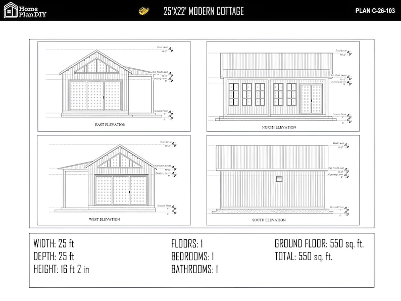 25x22 Tiny Modern Cottage, 1bed 1bath: DIY Cabin House Blueprint (PDF ...