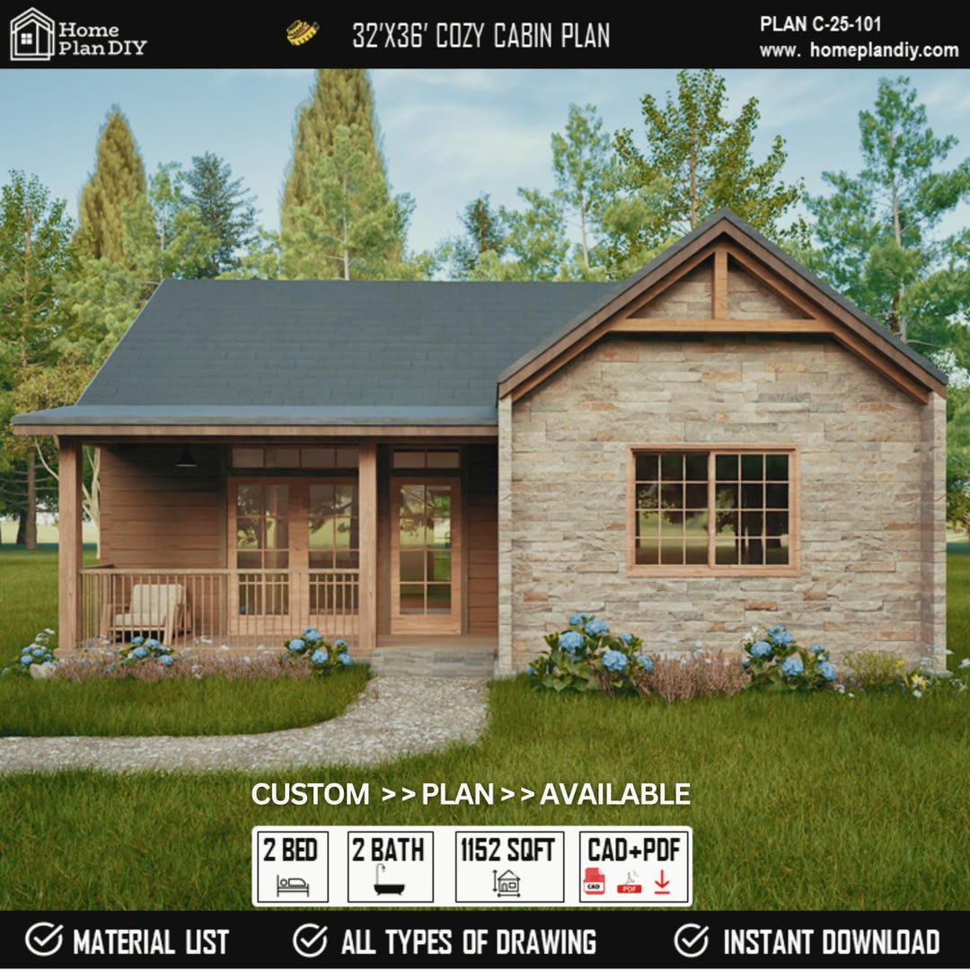 Cozy Cabin House Plans | 32x36 Tiny Cottage Blueprint (digital Download ...