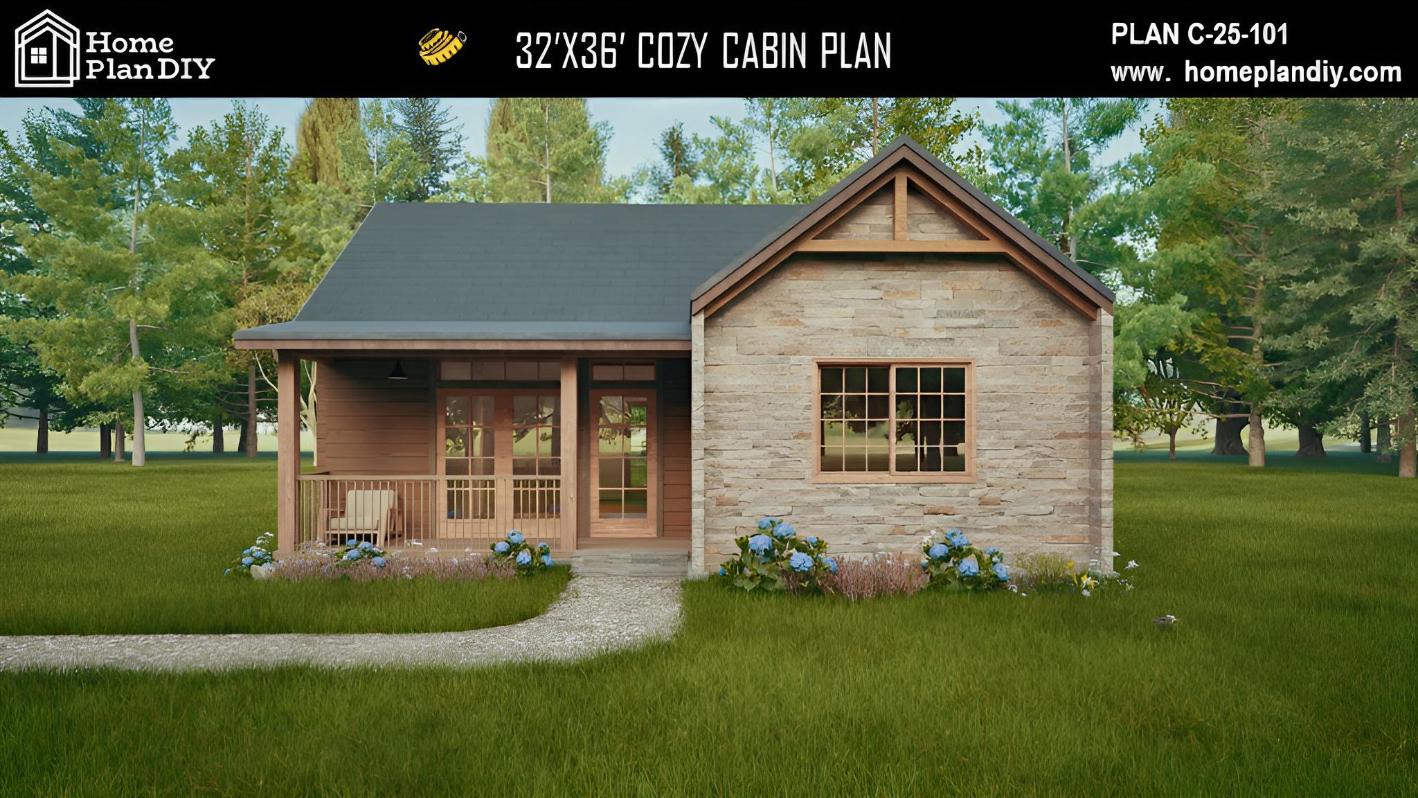 Cozy Cabin House Plans | 32x36 Tiny Cottage Blueprint (digital Download ...
