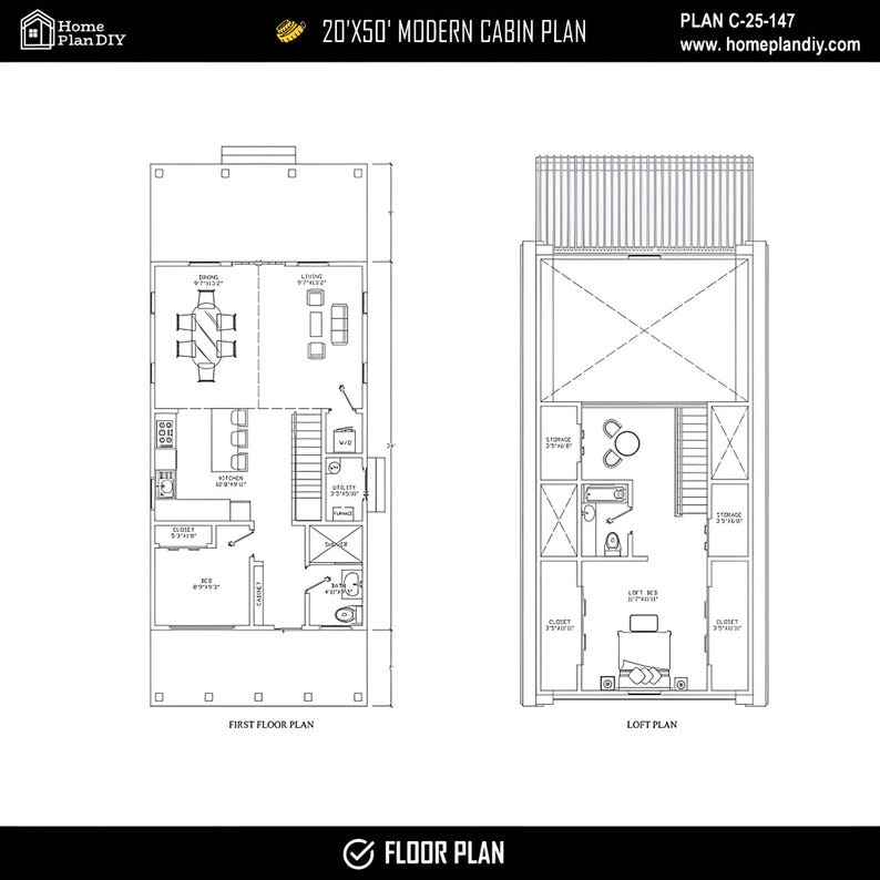 Modern Cabin House Plans With Loft: 2 Bed, 2 Bath Custom DIY Home Plan ...