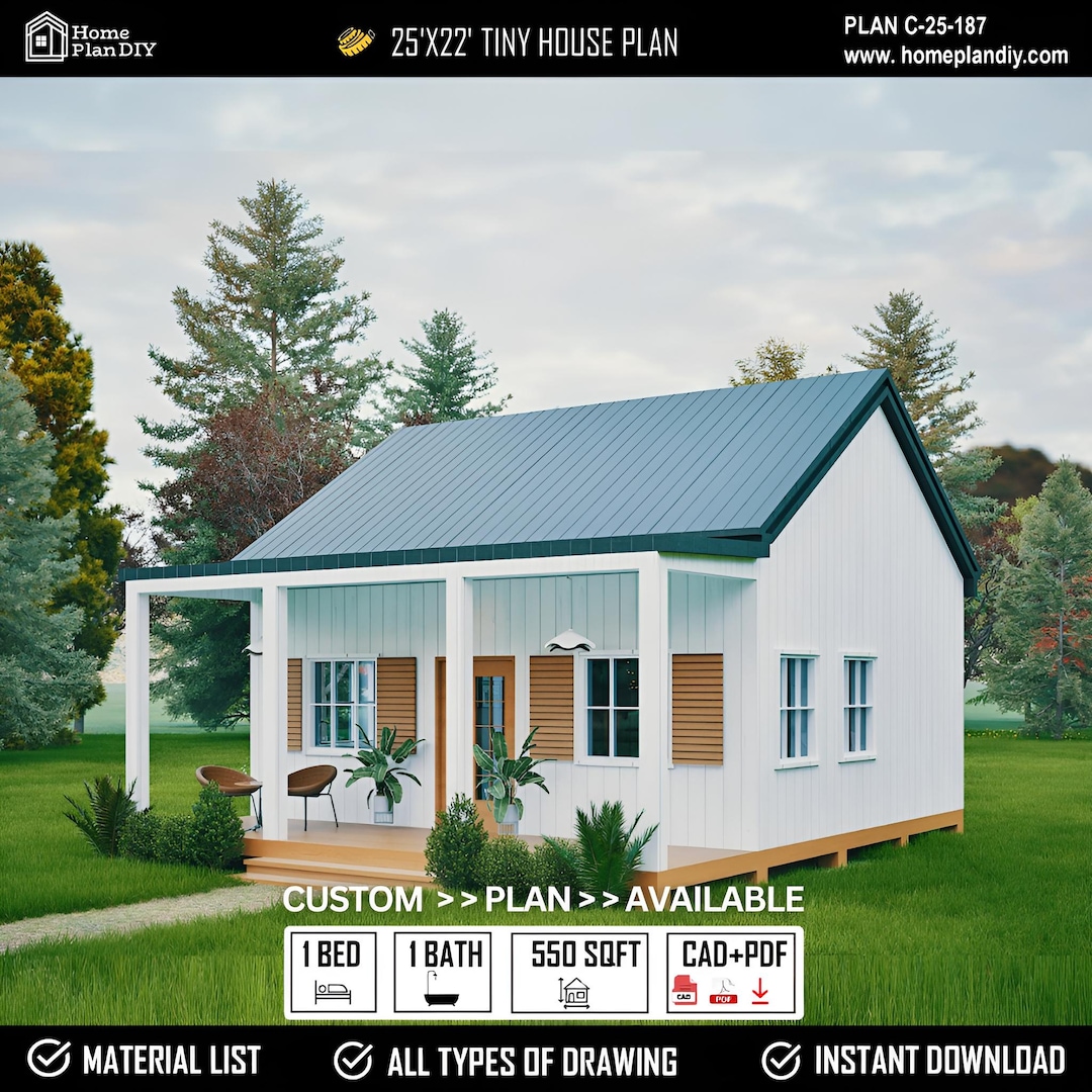 Tiny Cottage House Plans, 550 Sq Ft Modern Cabin Blueprint (digital ...