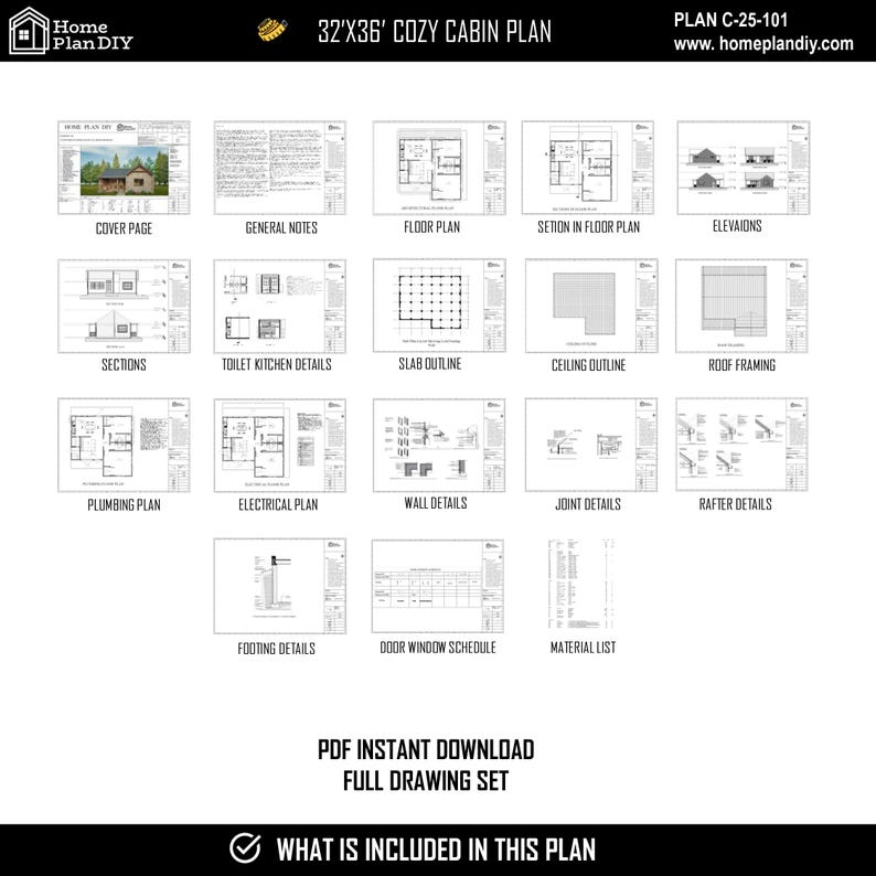 Cozy Cabin House Plans | 32x36 Tiny Cottage Blueprint (digital Download ...